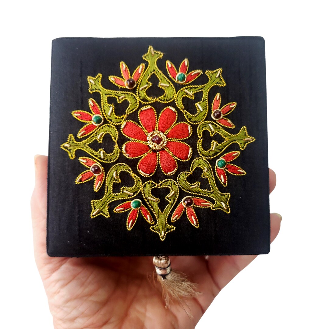 Handmade Red Floral Keepsake Box, Embroidered Red Black Jewelry Storage ...