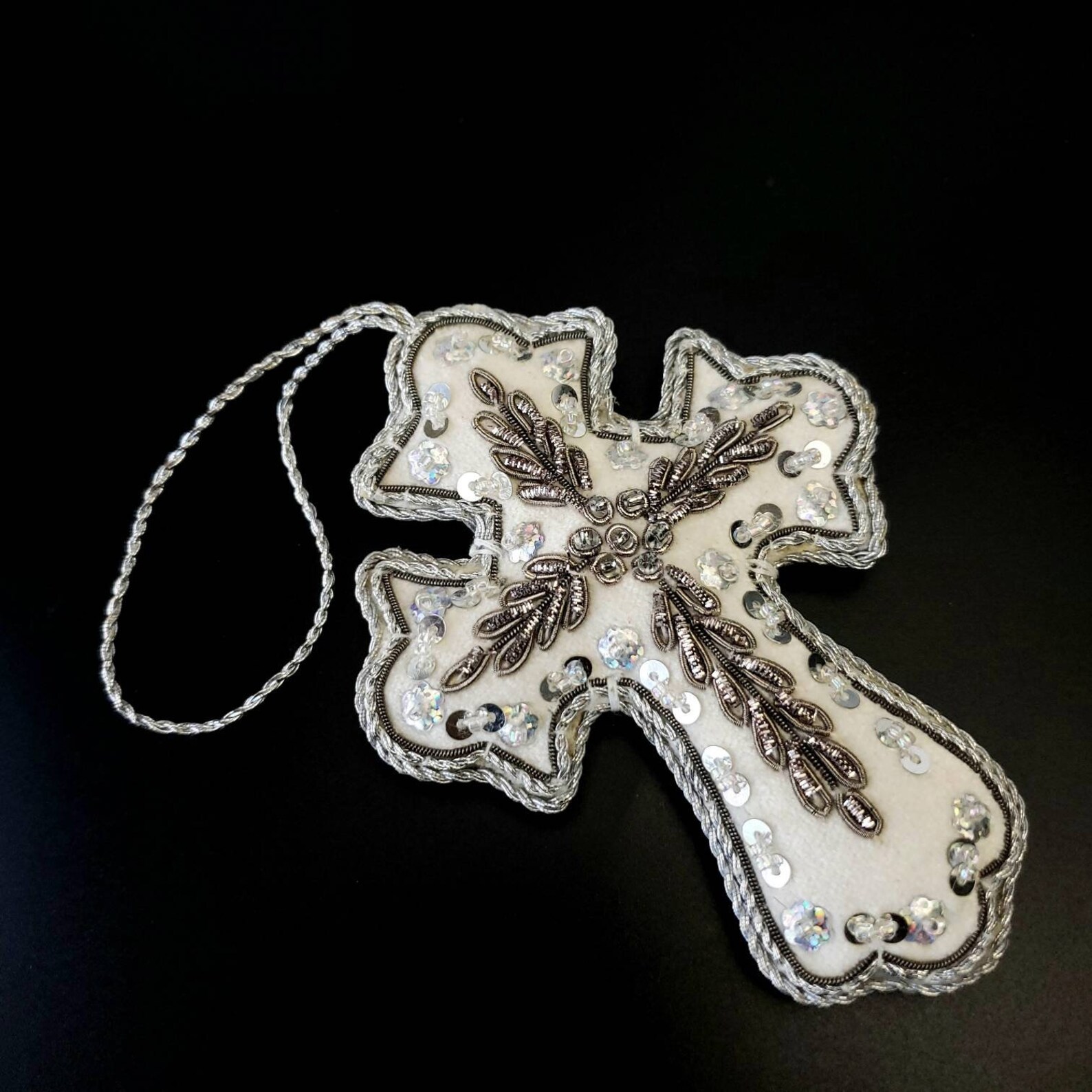 Embroidered White Velvet Cross Ornament: Silver Sequins, Religious Gift ...