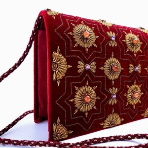 Burgundy Velvet Evening Bag Clutch Embroidered With Copper Metallic ...