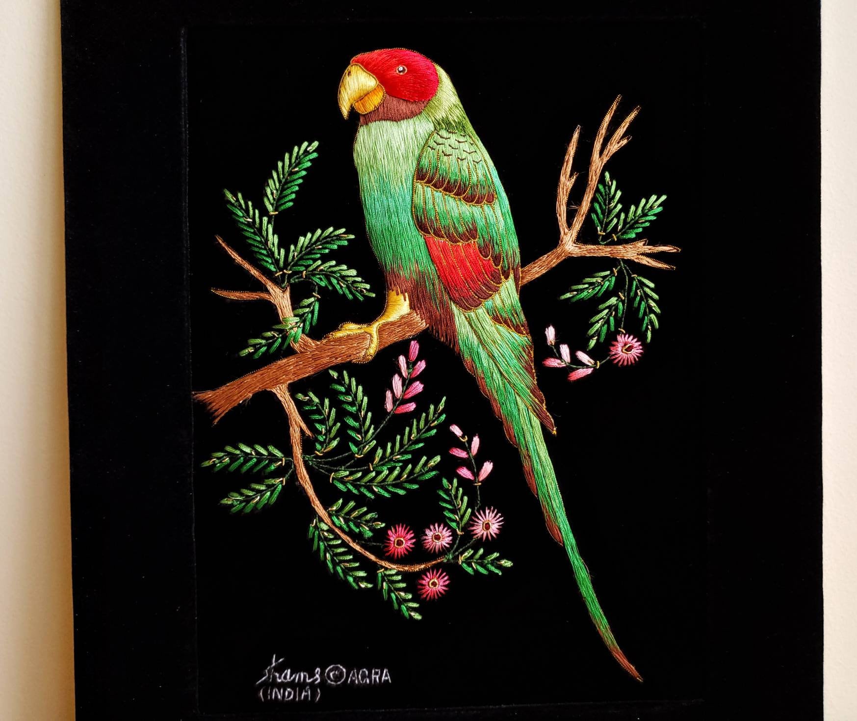 Hand embroidered parrot on black velvet, Parrot home decor, parrot wall ...