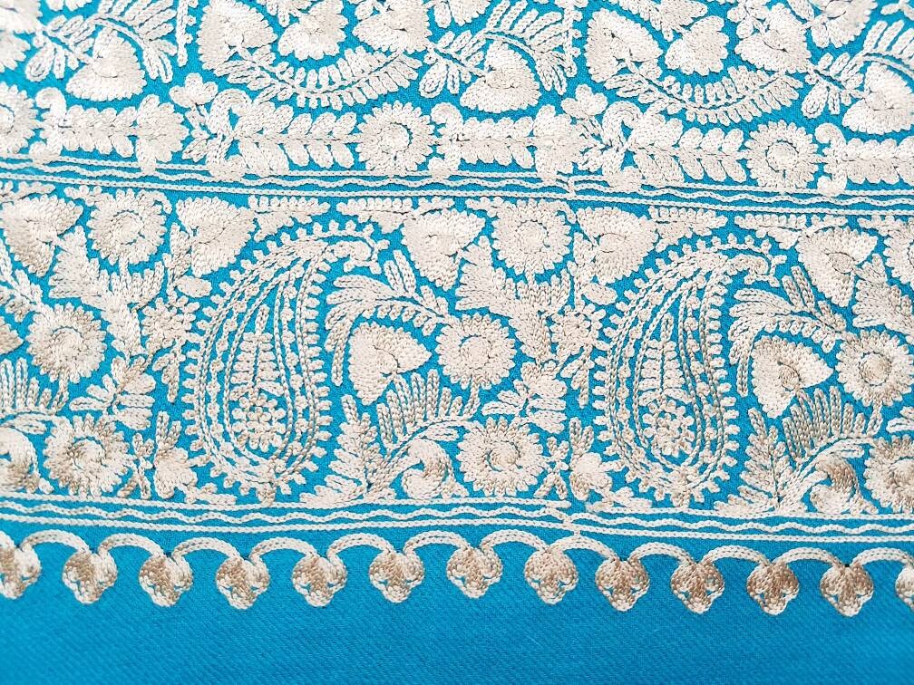 Turquoise embroidered wool shawl, embroidered shawl, turquoise shawl ...