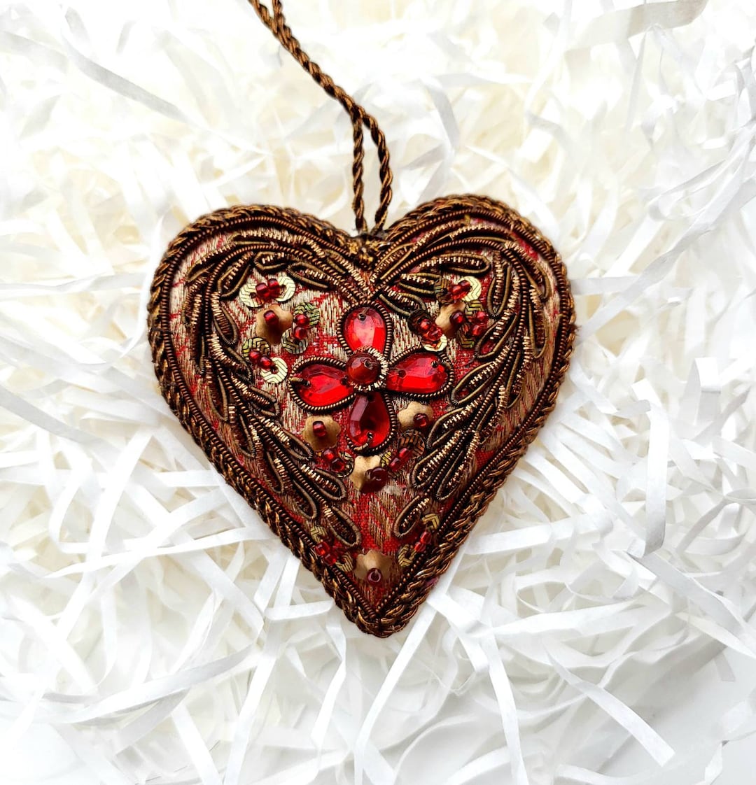 Embroidered Red Heart Christmas Ornament: Beaded Holiday Decor - Etsy