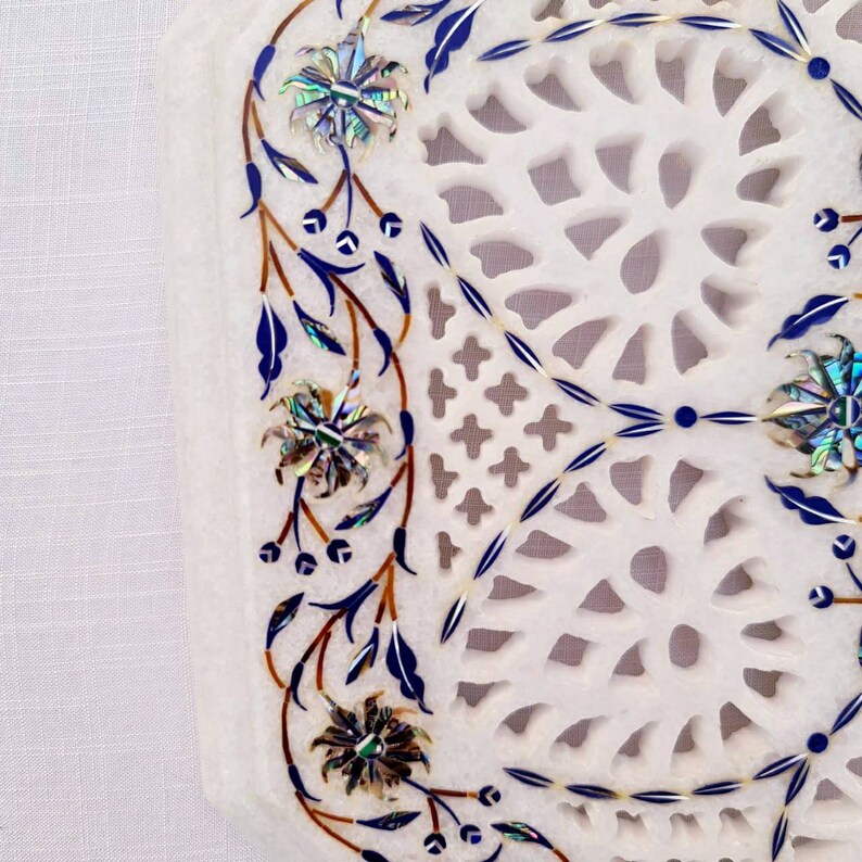 Marble Inlay Plate: Pietra Dura Floral Filigree, India Home Decor (12 ...