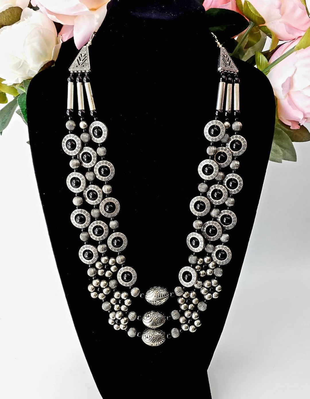 Vintage Look Multi Strand Long Necklace With Large Beads, Retro 60's ...