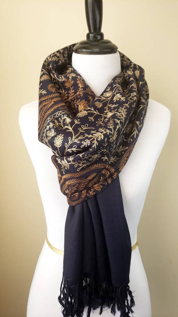 Embroidered navy wool shawl, paisley shawl, blue wool scarf ...