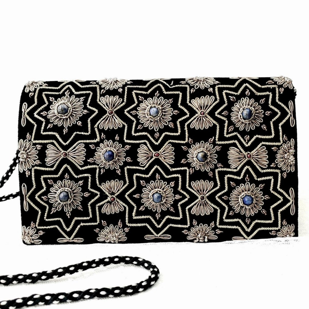 Art Deco Black Velvet Evening Bag Embroidered With Antique Silver Stars ...
