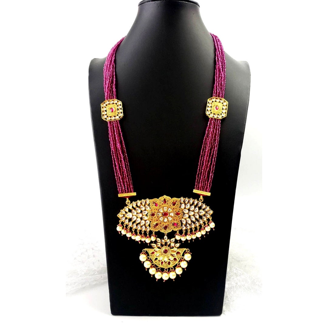 Indian Jewelry, Kundan Ruby Beaded Rani Haar Necklace Set, Kundan Pearl ...
