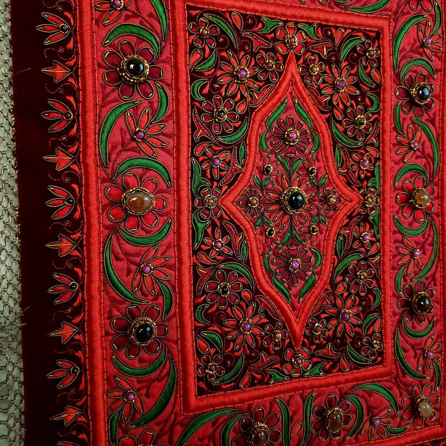 Hand embroidered red silk tapestry with semi precious stones,zardozi ...
