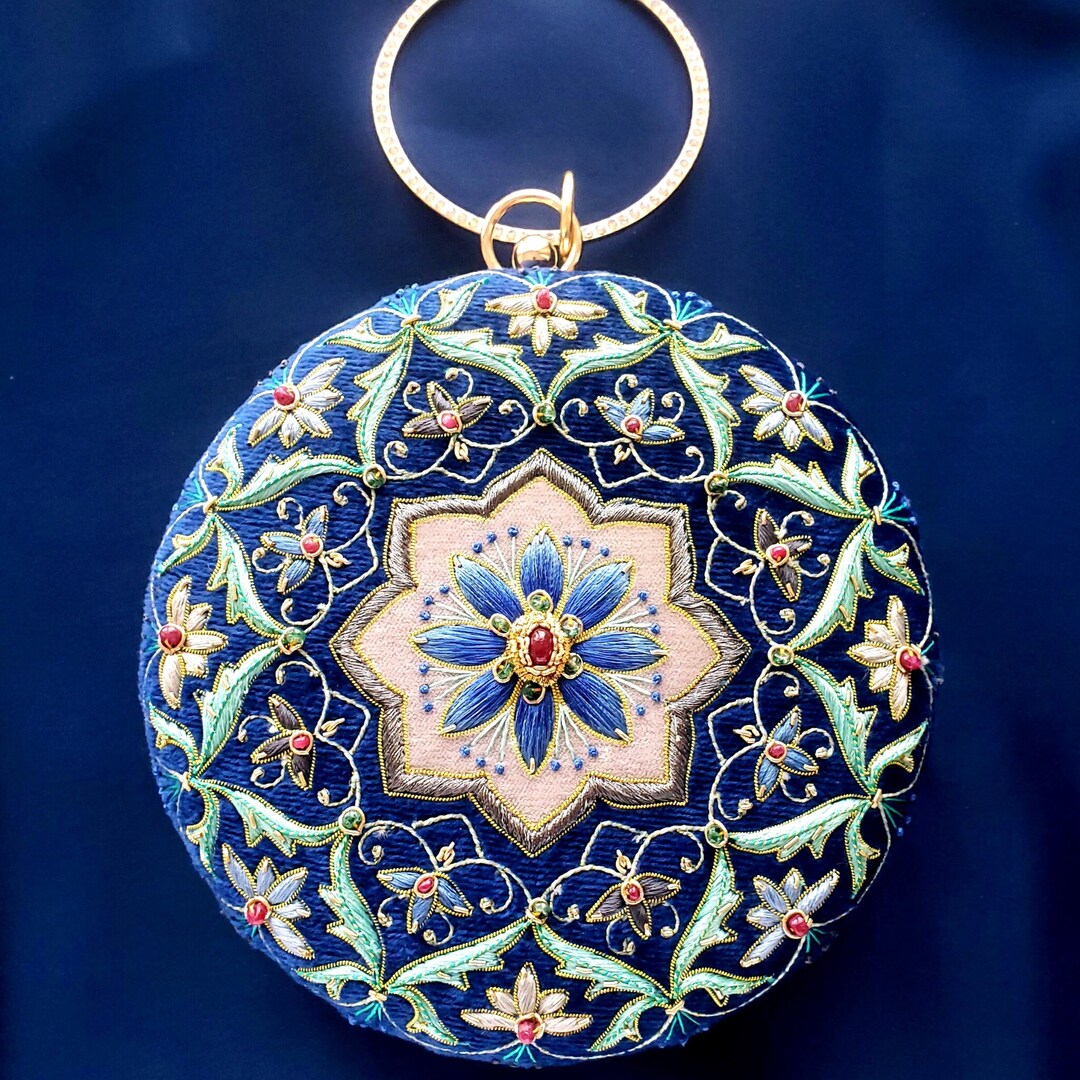 Blue Velvet Hand Embroidered Round Handbag With Crystal Bracelet Top ...