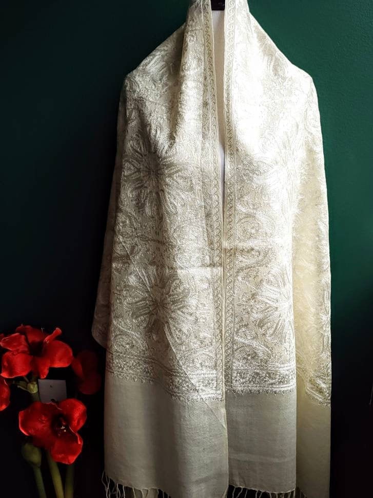 embroidered Ivory wool shawl, ivory wedding shawl, bridal shawl ...