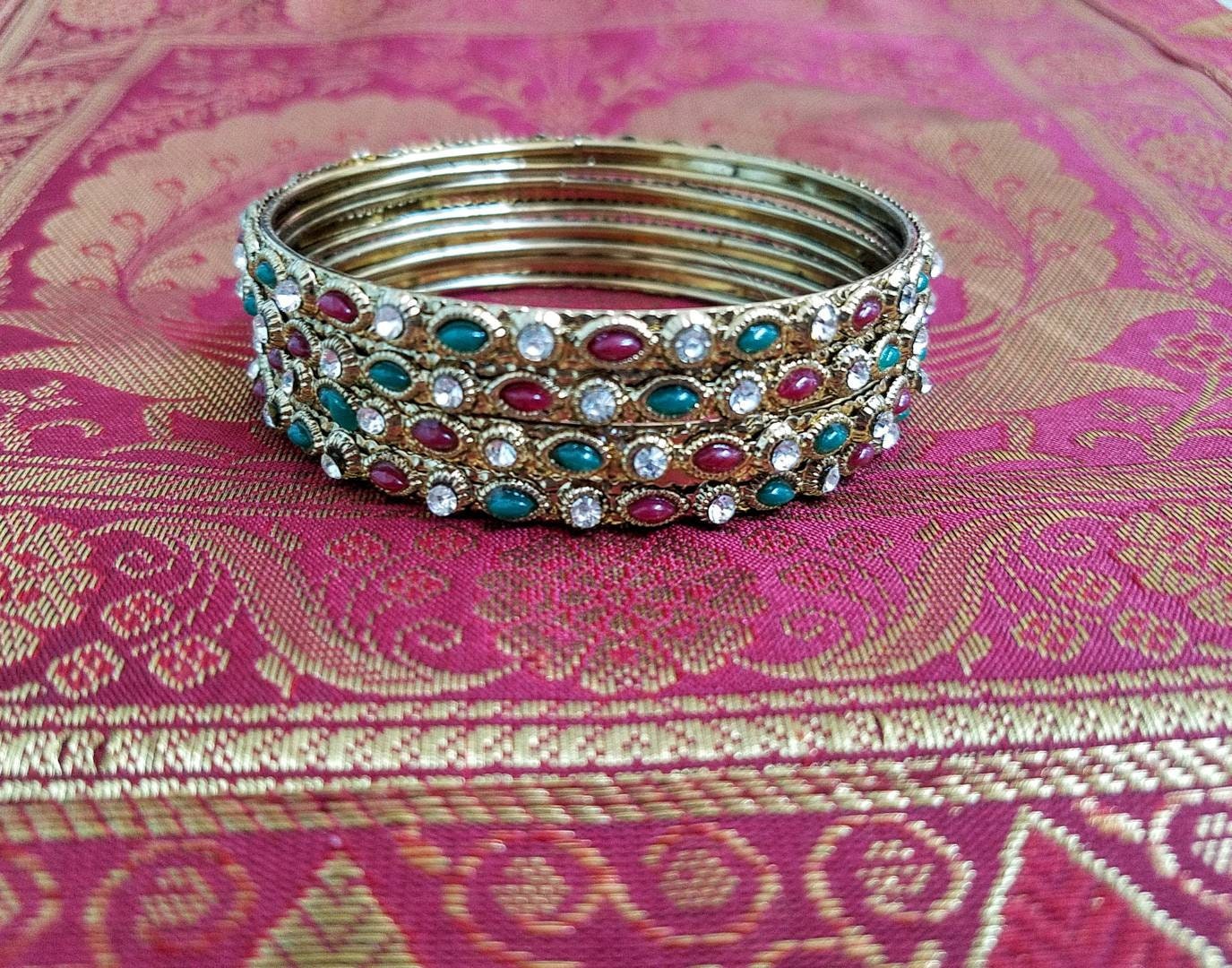 Indian jewelry, Indian bangles, Bollywood bangles, green and red stone ...