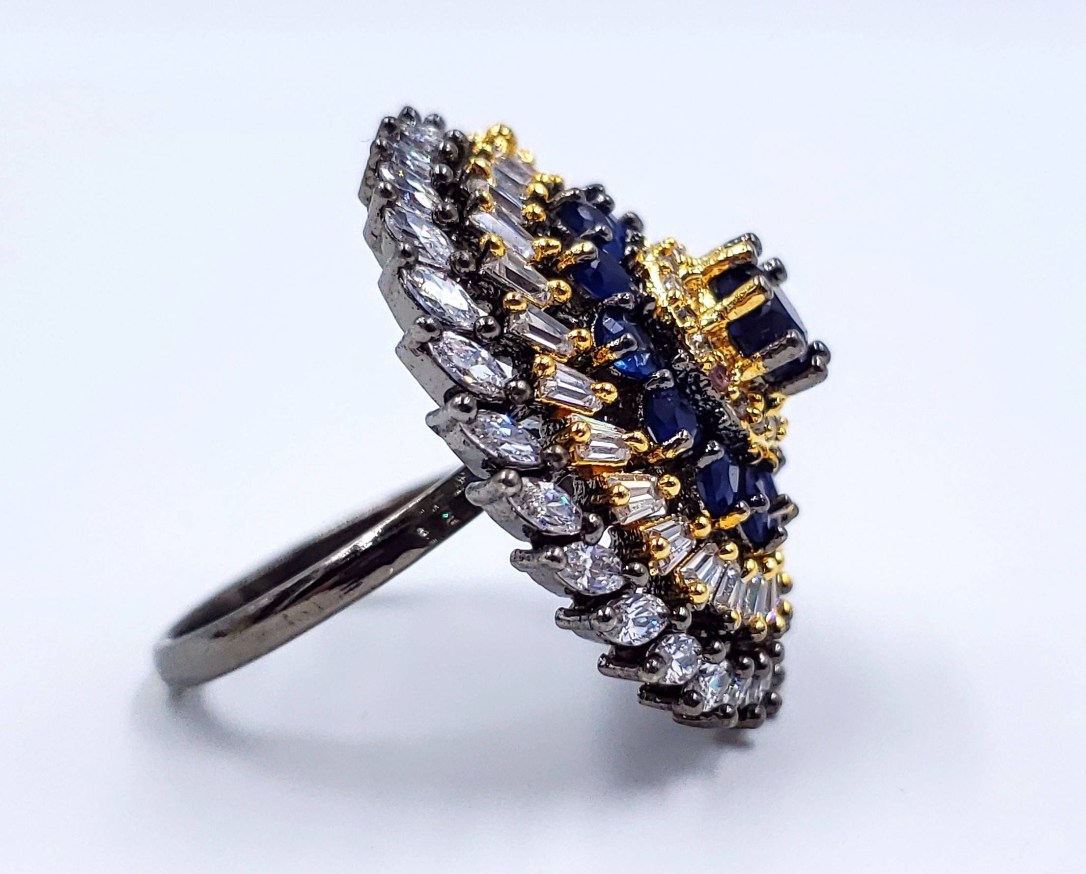 Large crystal statement ring, faux diamond and blue sapphire fashion ...