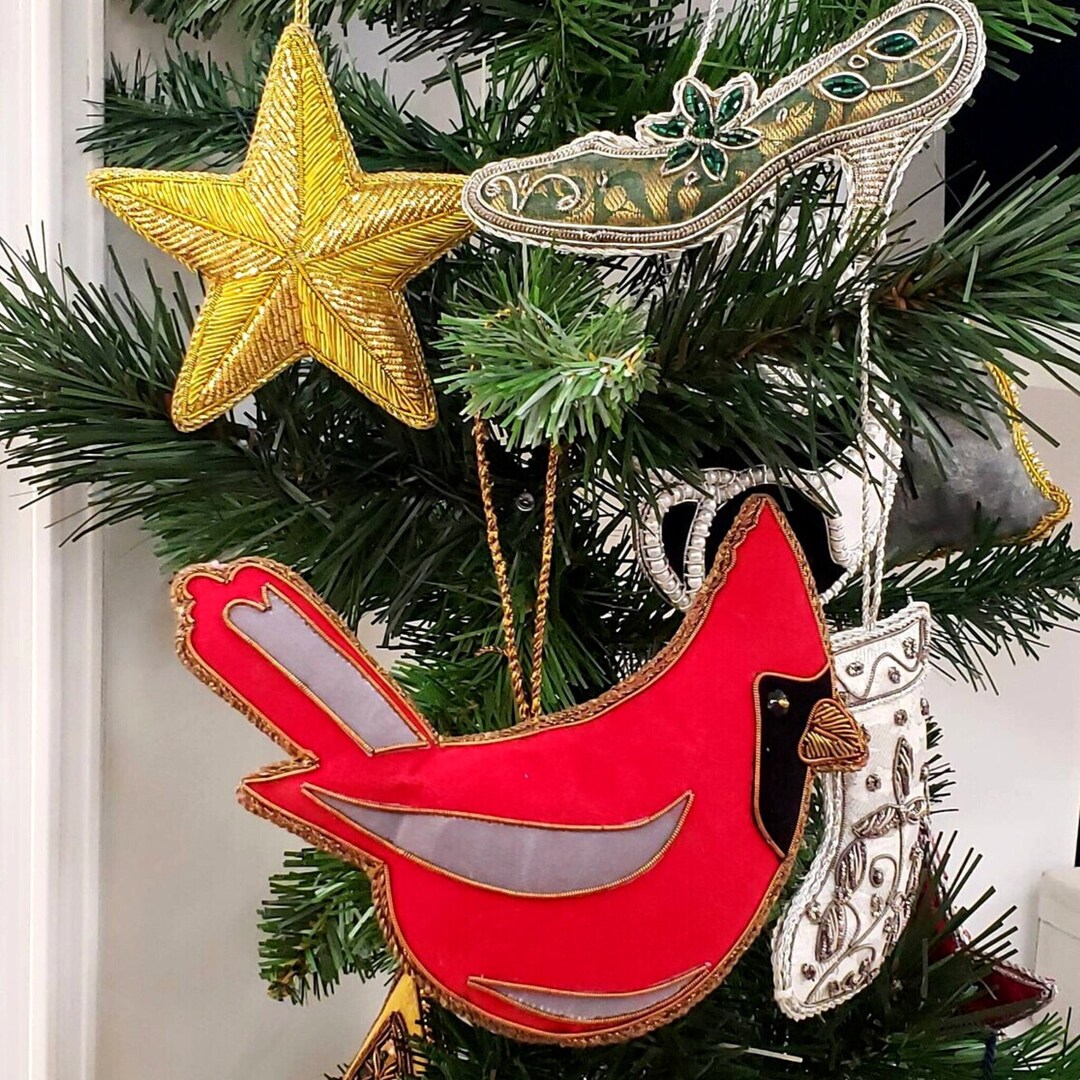 Hand Embroidered Red Velvet Cardinal Ornament: Christmas Tree ...