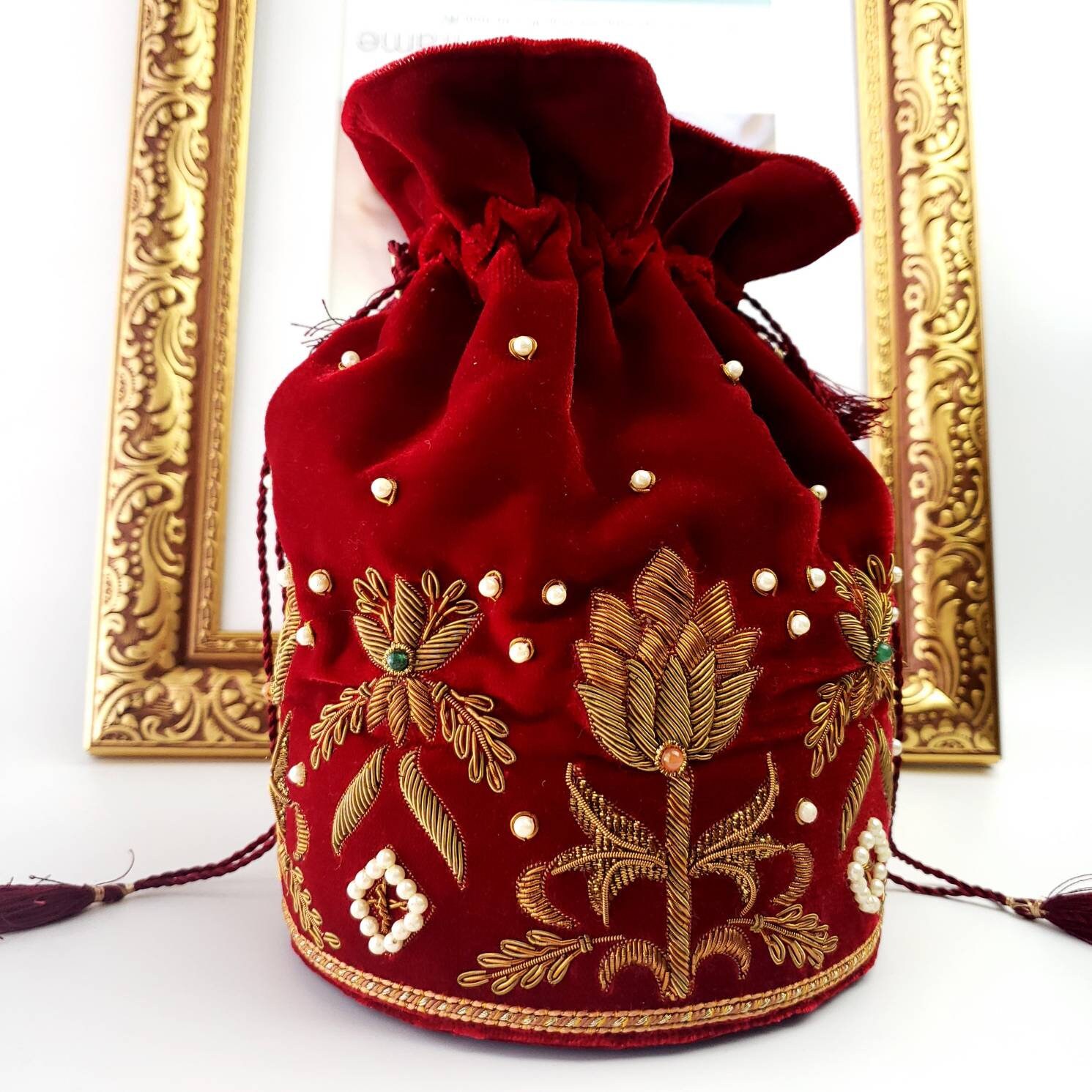 Indian potli bag, wrist bag, Bucket bag,hand embroidered velvet handbag ...