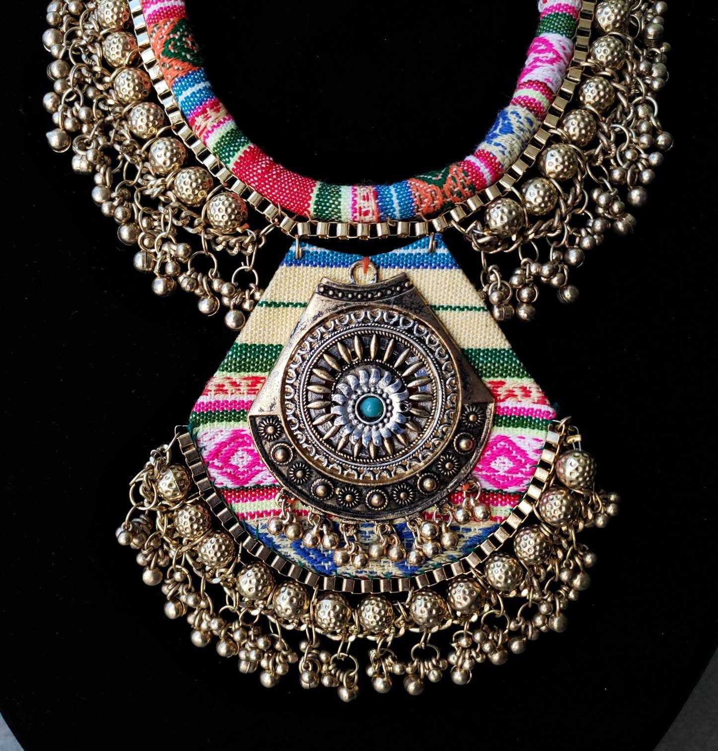 Dramatic statement boho rainbow pendant necklace, boho bib necklace ...