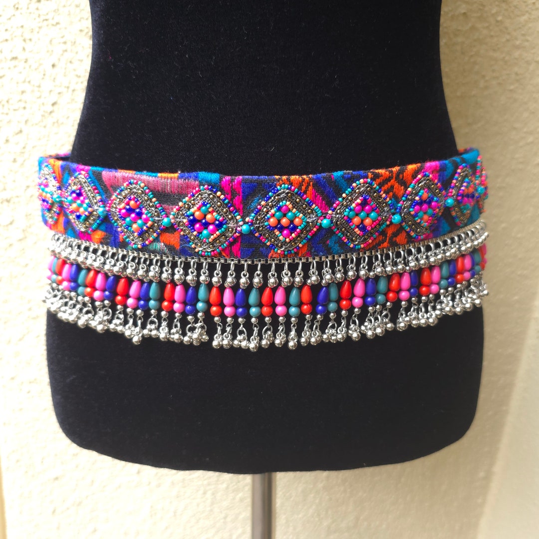 Colorful Patterned Cloth Belt With Beaded Fringe and Ghungroo, Fun ...