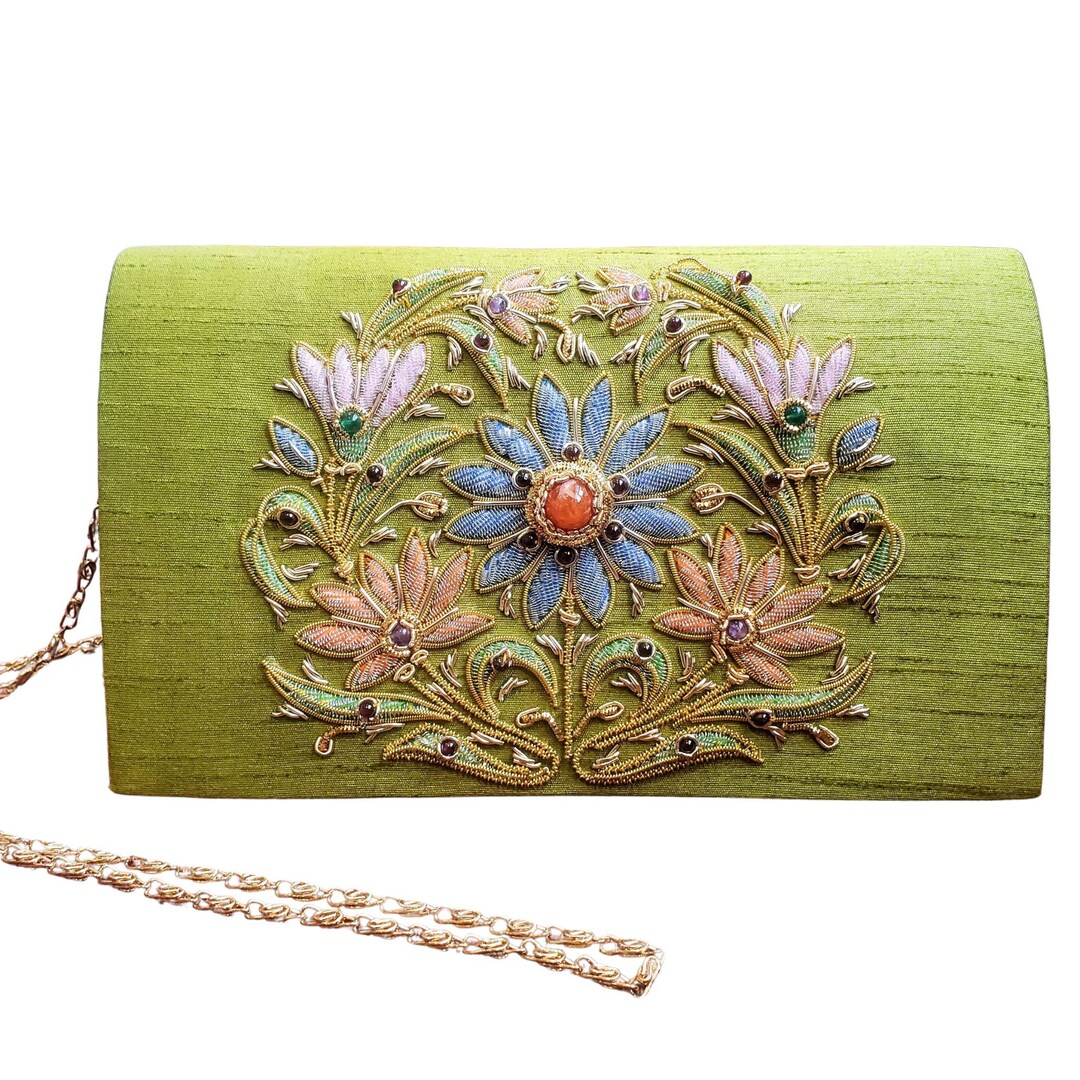 Chartreuse Silk Clutch: Hand Embroidered Floral Evening Bag - Etsy