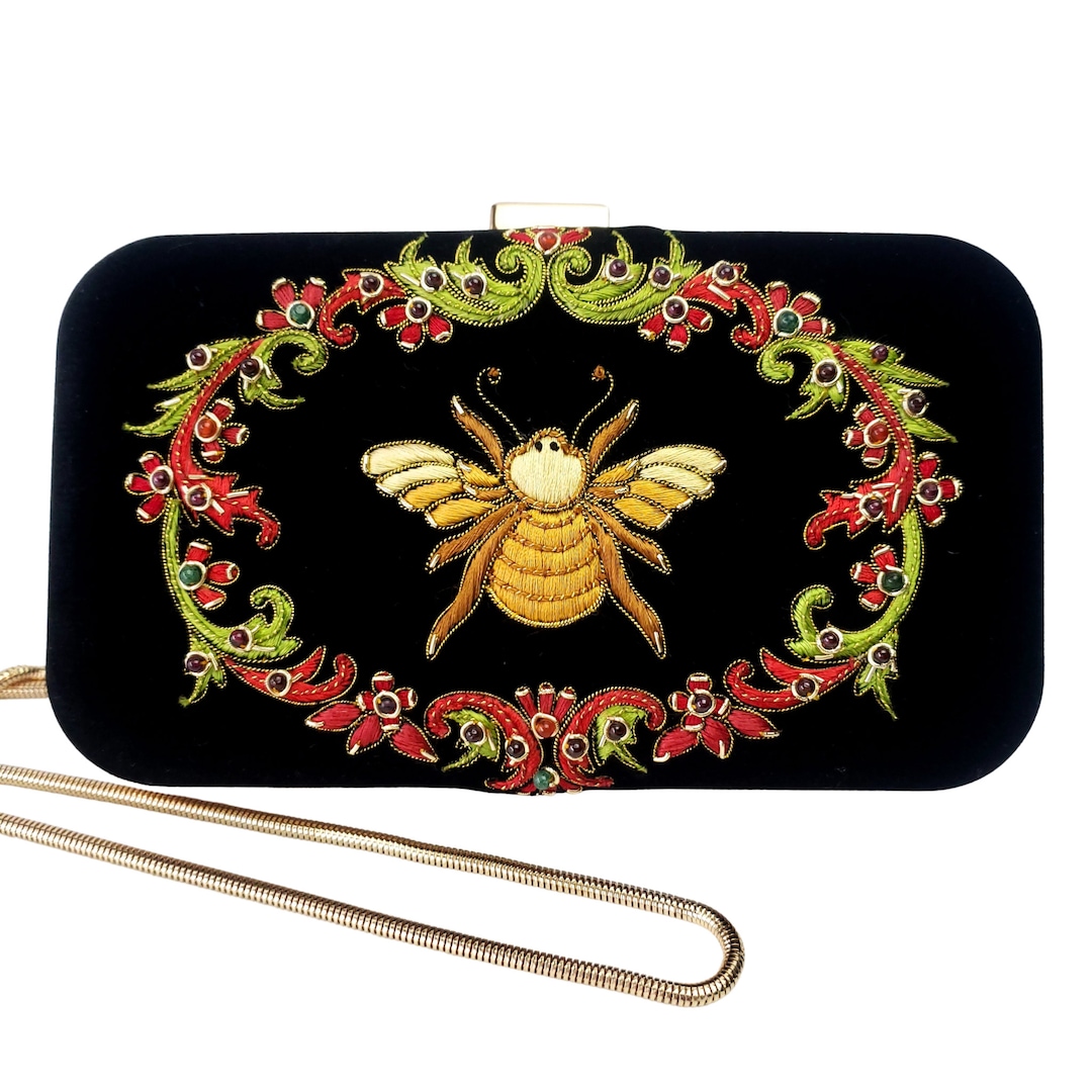 Bee Purse, Embroidered Honey Bee Black Velvet Evening Bag, Bee Flowers ...