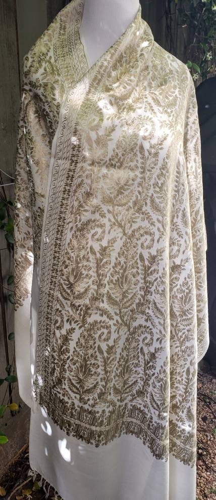 embroidered ivory wool shawl with white gold, wedding shawl, bridesmaid ...