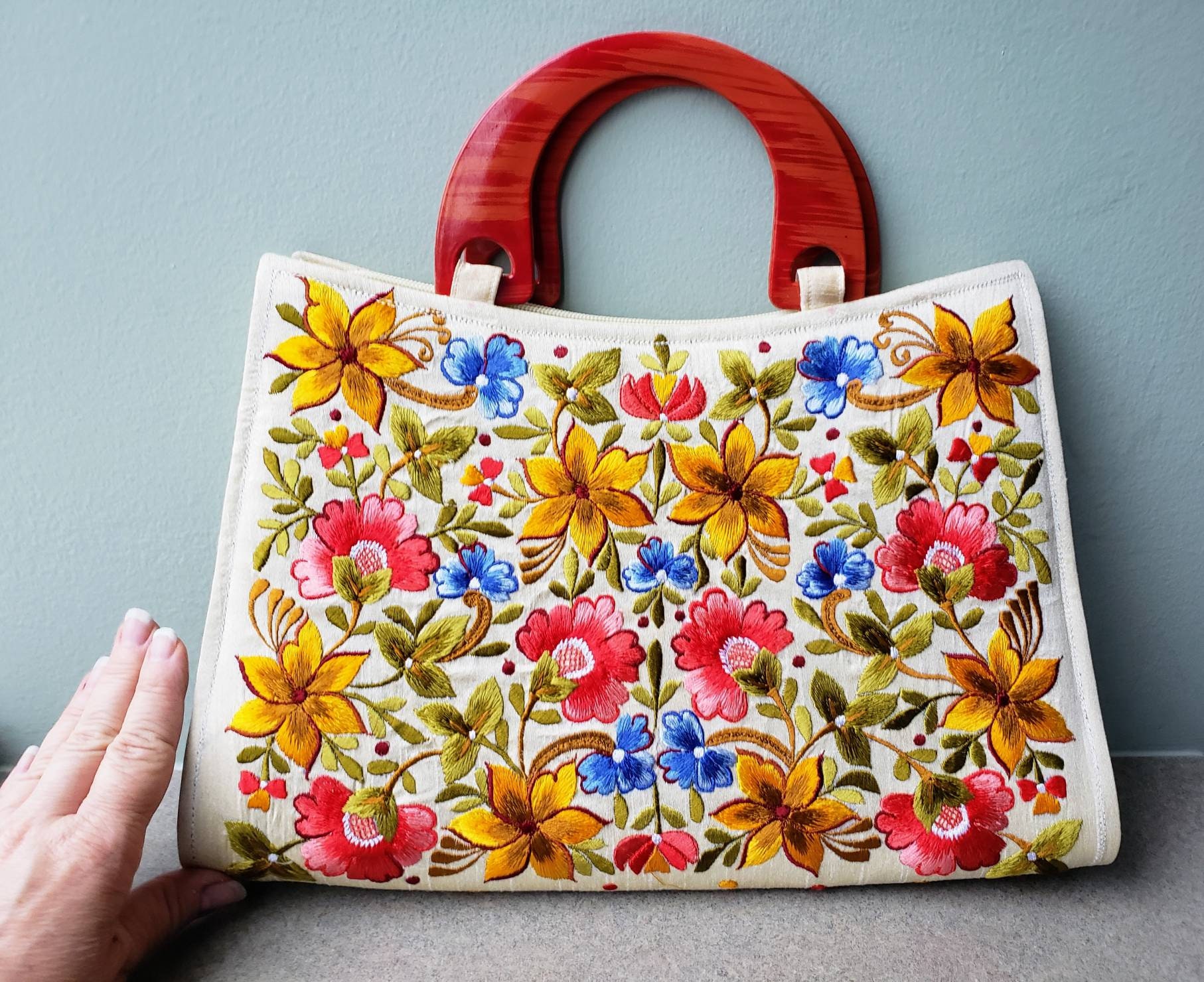 Embroidered beige floral handbag, rainbow floral purse, gifts for her ...