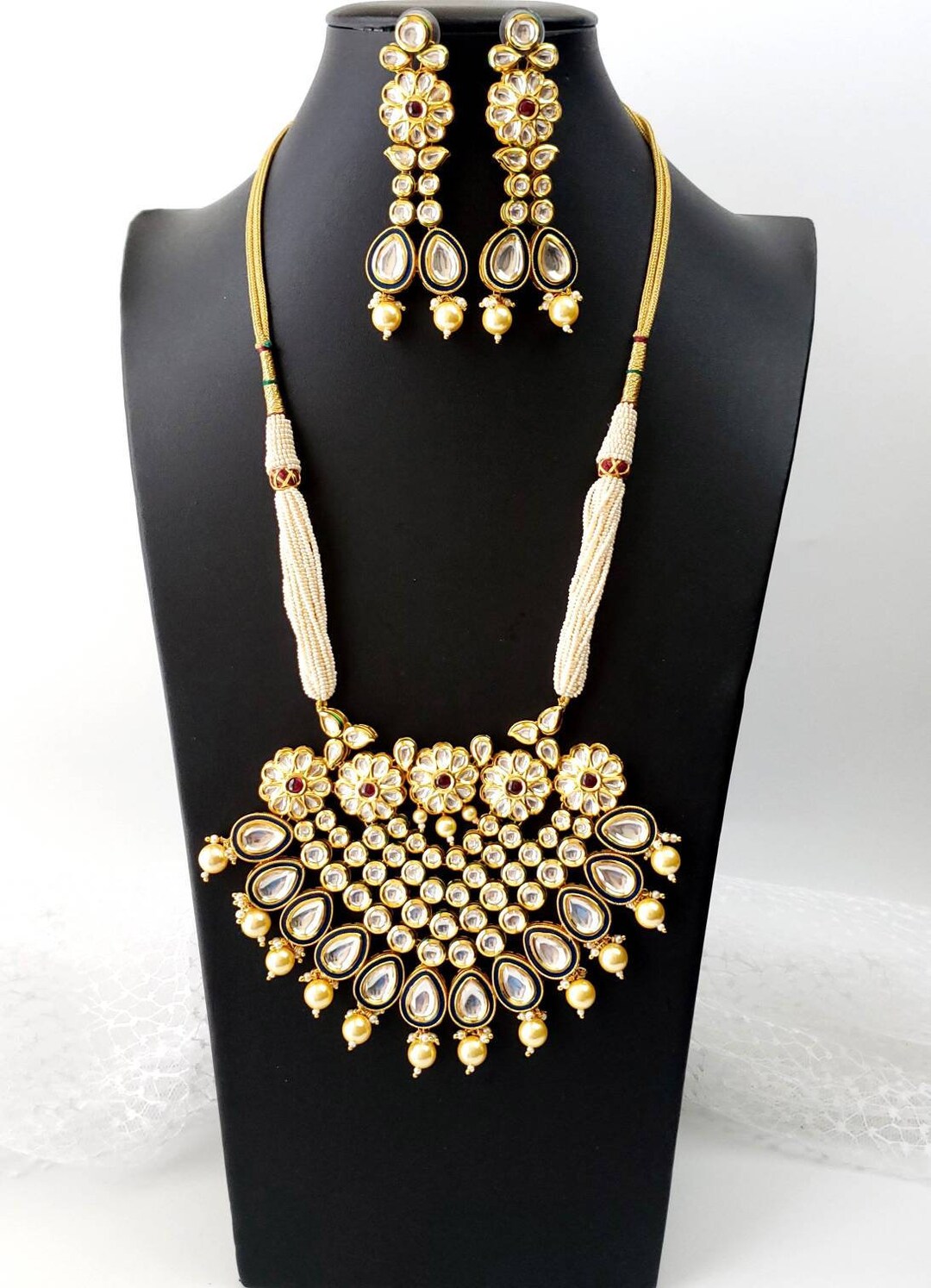 Large Gold Tone Indian Kundan Rani Haar Necklace Set With White Seed ...