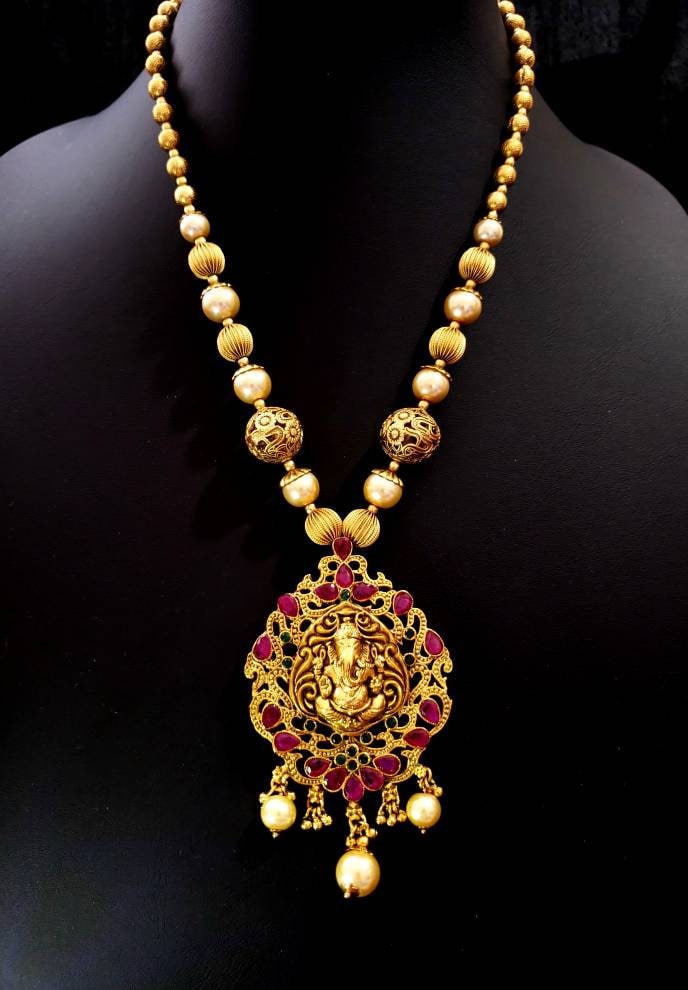 Lord Ganesha Temple Jewelry India, CZ necklace set, South Indian ...