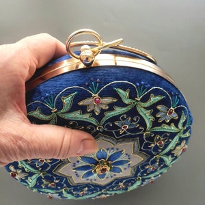 Blue Velvet Hand Embroidered Round Handbag With Crystal Bracelet Top ...