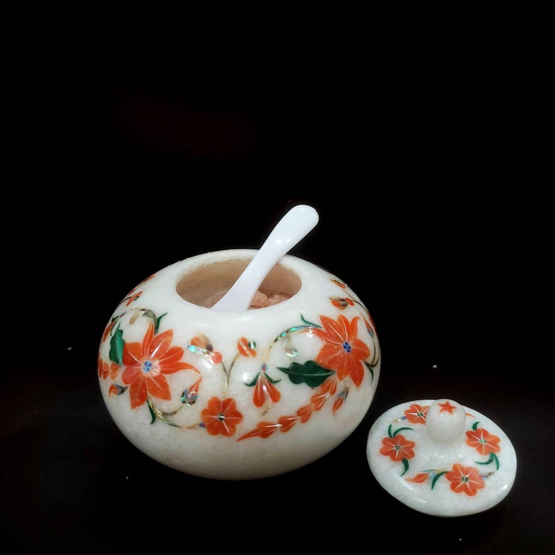 White Marble Salt Cellar With Lid, Marble Inlay Salt Storage Container ...