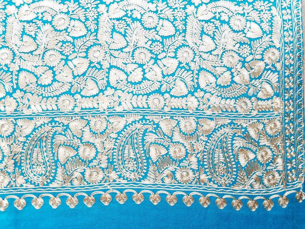 Turquoise embroidered wool shawl, embroidered shawl, turquoise shawl ...
