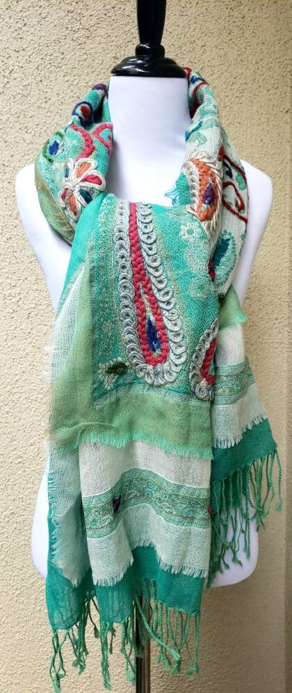 Embroidered teal boiled wool shawl, embroidered womens winter wrap ...