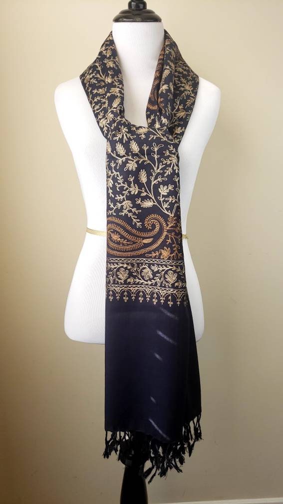 Embroidered navy wool shawl, paisley shawl, blue wool scarf ...