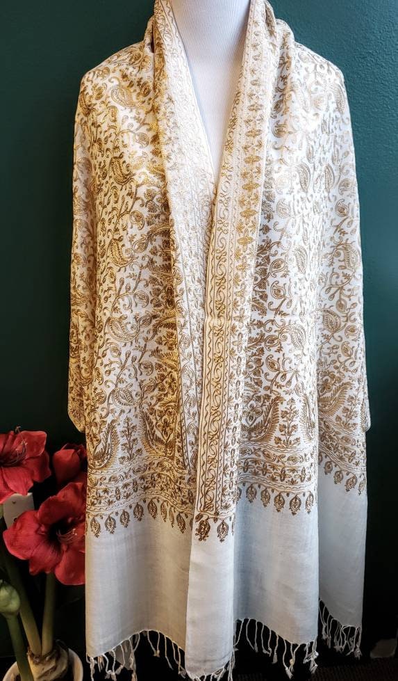 Embroidered white and gold wool shawl, beige and white shawl, paisley ...