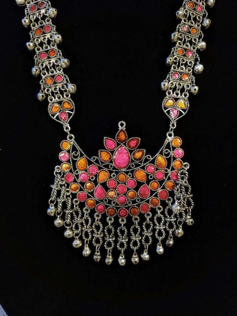 Afghani jewelry, Afghani necklace, orange pink Kuchi jewelry,boho ...