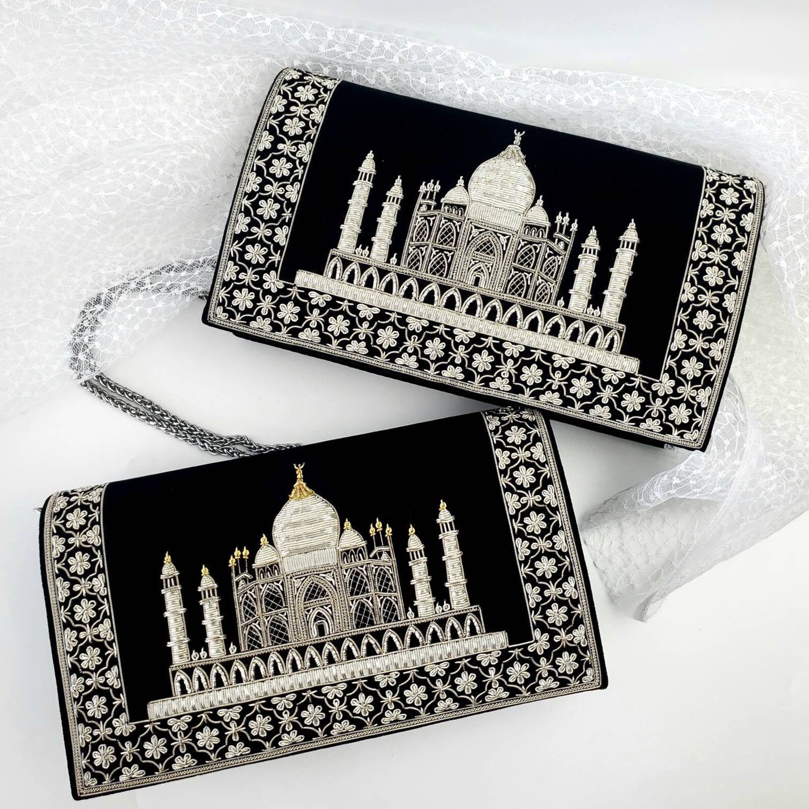 Taj Mahal Evening Clutch: Black Velvet Embroidered Indian Handbag - Etsy