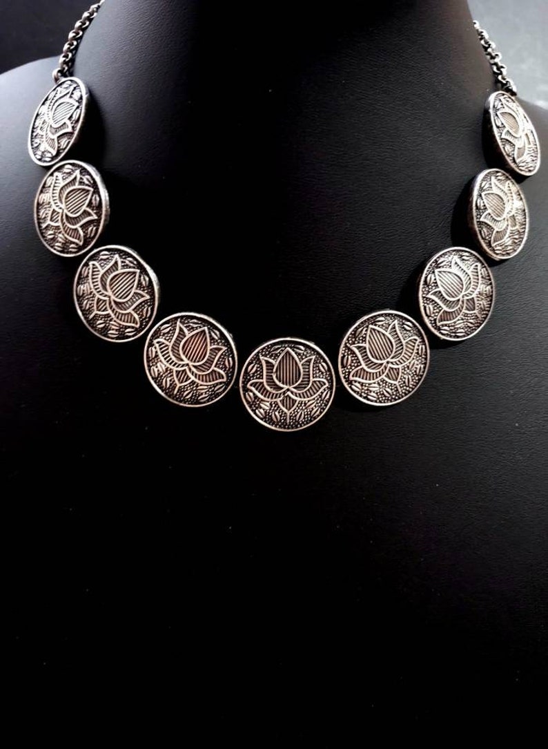 Lotus Flower Medallion Choker Set: German Silver Indian Necklace - Etsy