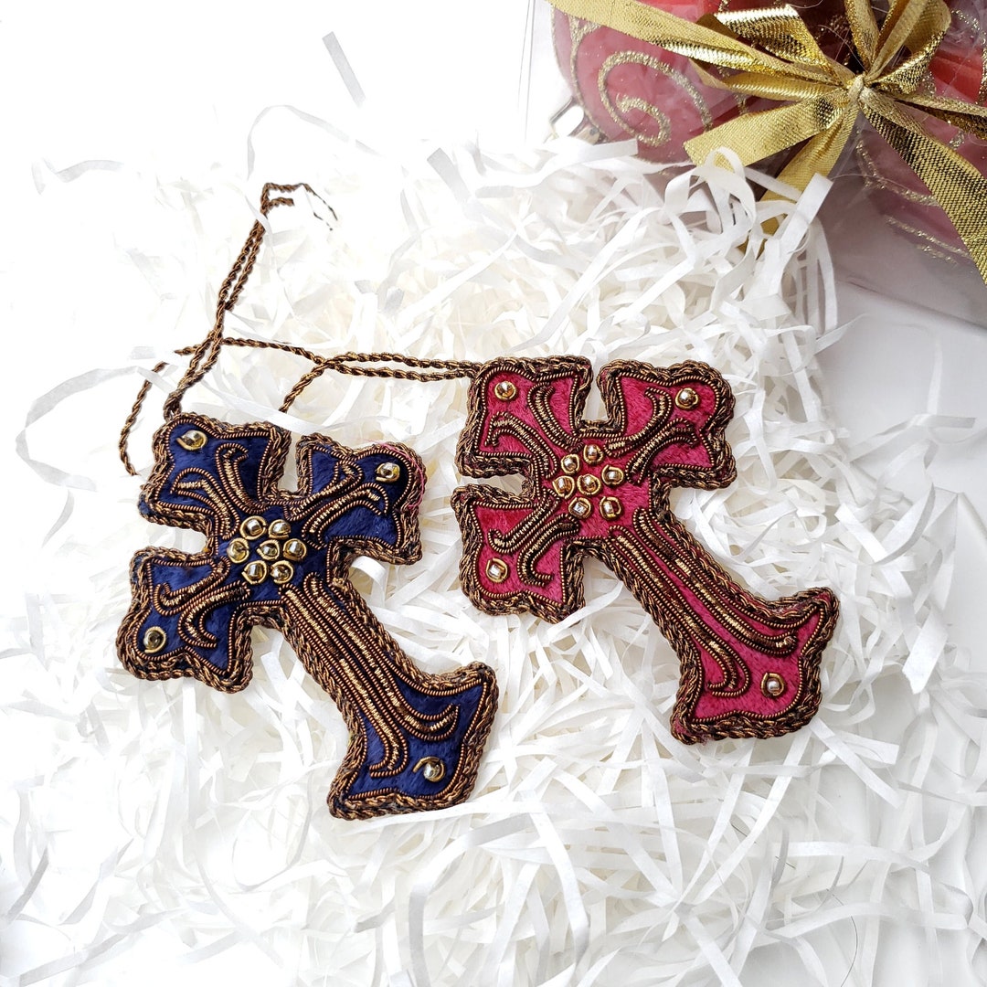 Hand Embroidered Velvet Cross Christmas Tree Ornament, Christian ...