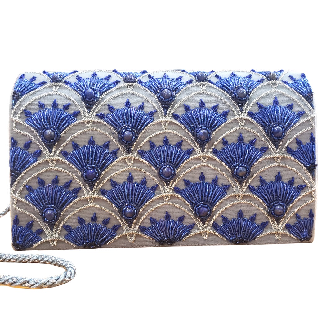Art Deco Gray Velvet Evening Clutch Bag With Blue Peacock Feather ...