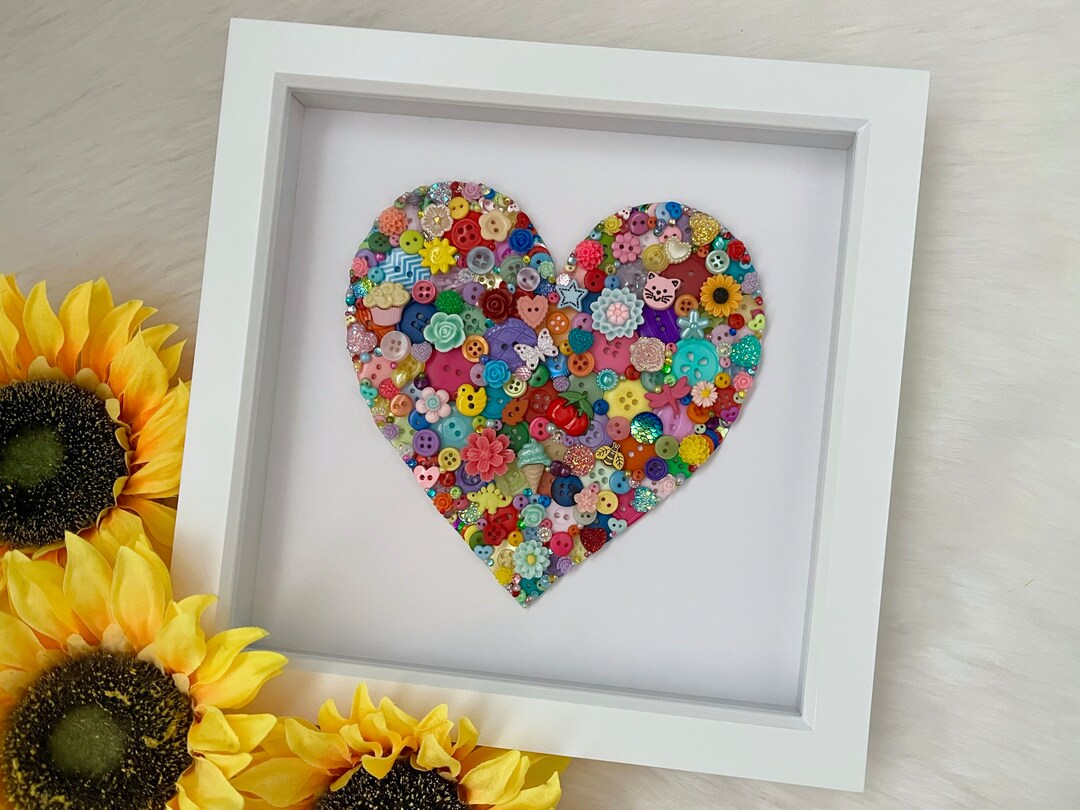 Rainbow Love Heart Button Art Picture, Unique Wall Art, Home Decor ...