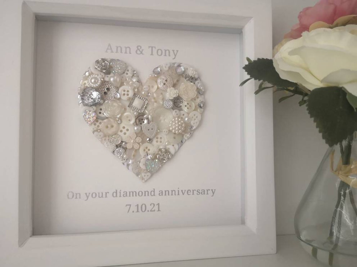 Heart Button Art Picture Diamond Wedding Anniversary Golden | Etsy