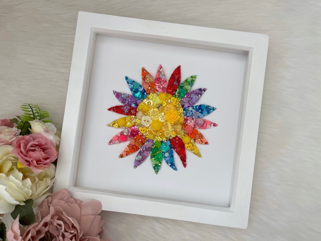 Button Art, Sunflower Picture, Rainbow Sunflower, Home Decor, Nursery ...