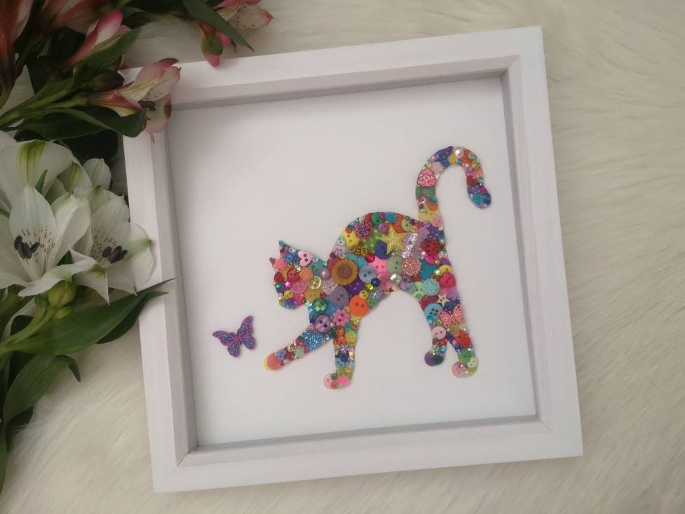 Cat Butterfly Button Art Picture Home Decor Nursery Decor - Etsy