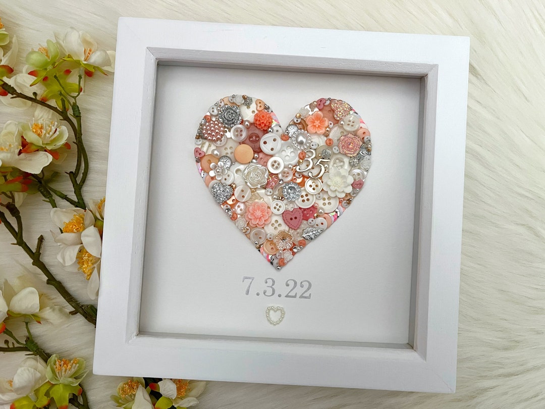 Coral Anniversary Heart Button Art, Home Decor, Personalised ...
