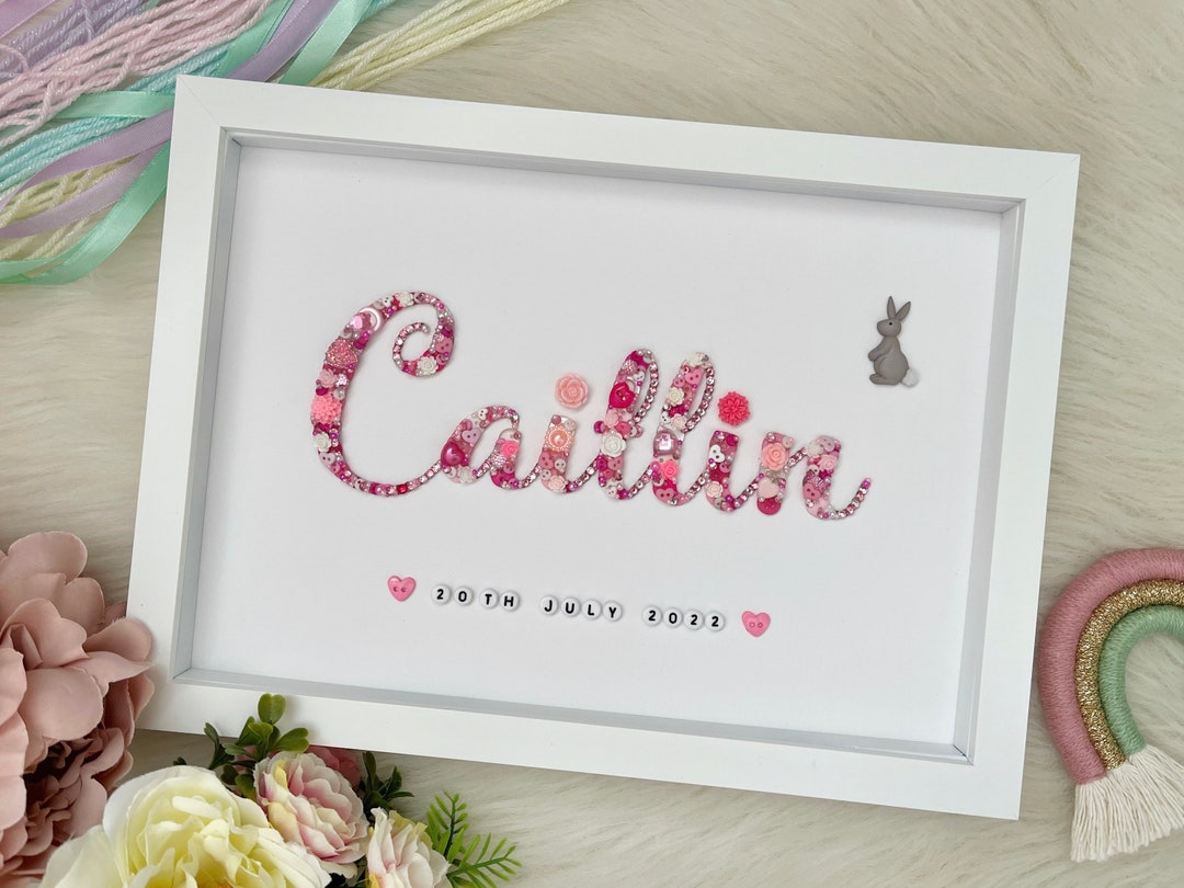 Personalised Baby Girl Name Frame Button Art, Nursery Decor, Children’s ...