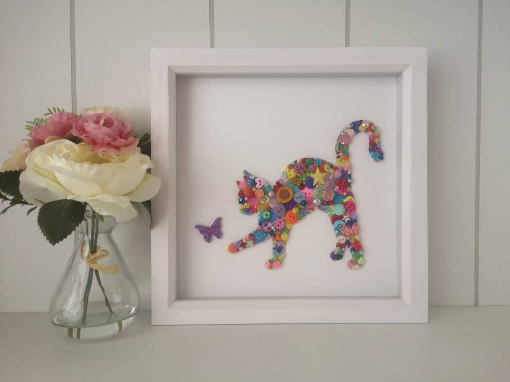Cat Butterfly Button Art Picture Home Decor Nursery Decor - Etsy