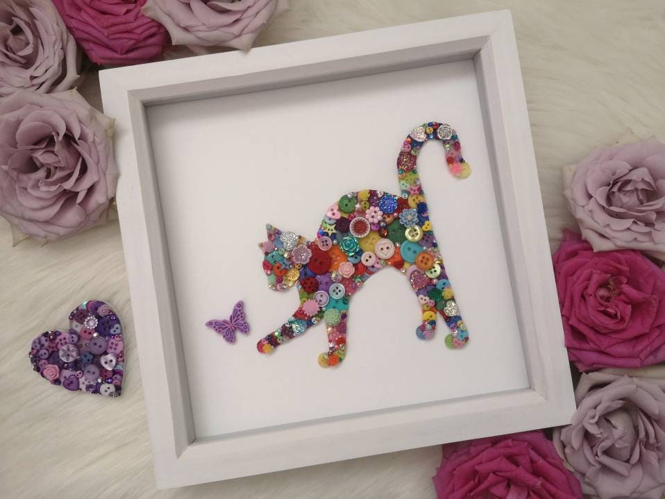 Cat Butterfly Button Art Picture Home Decor Nursery Decor | Etsy