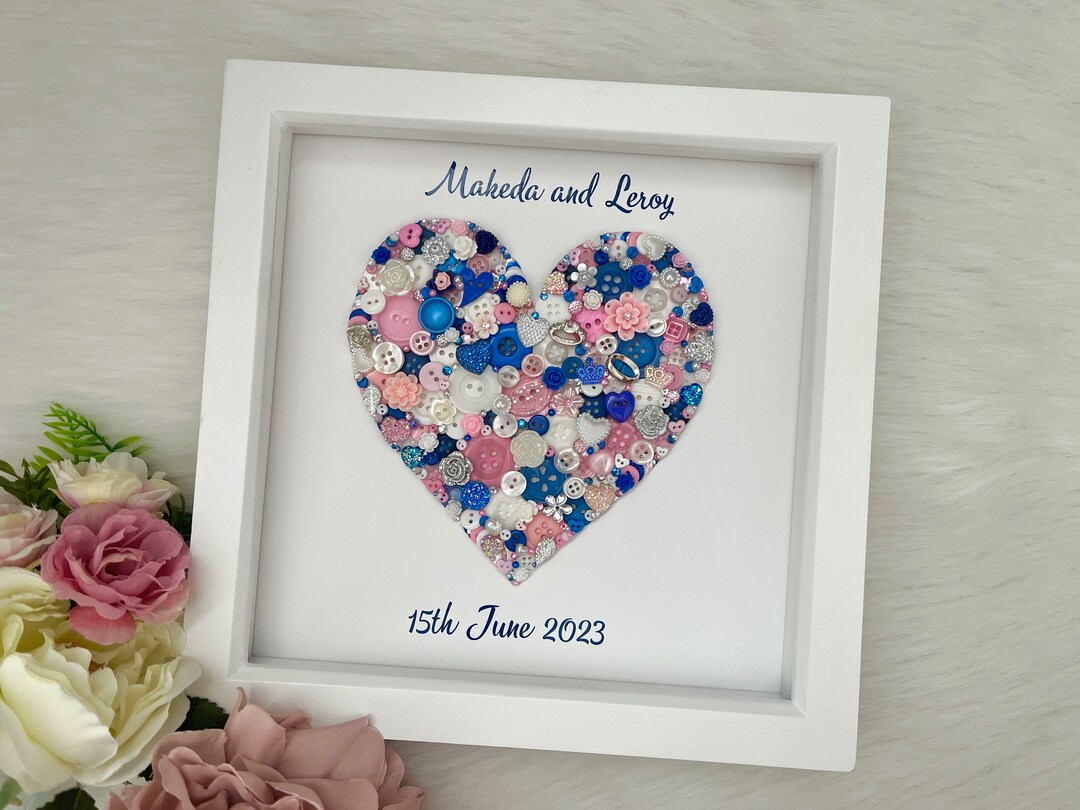 Love Heart Button Art Wedding Picture, Personalised Wedding Colours ...