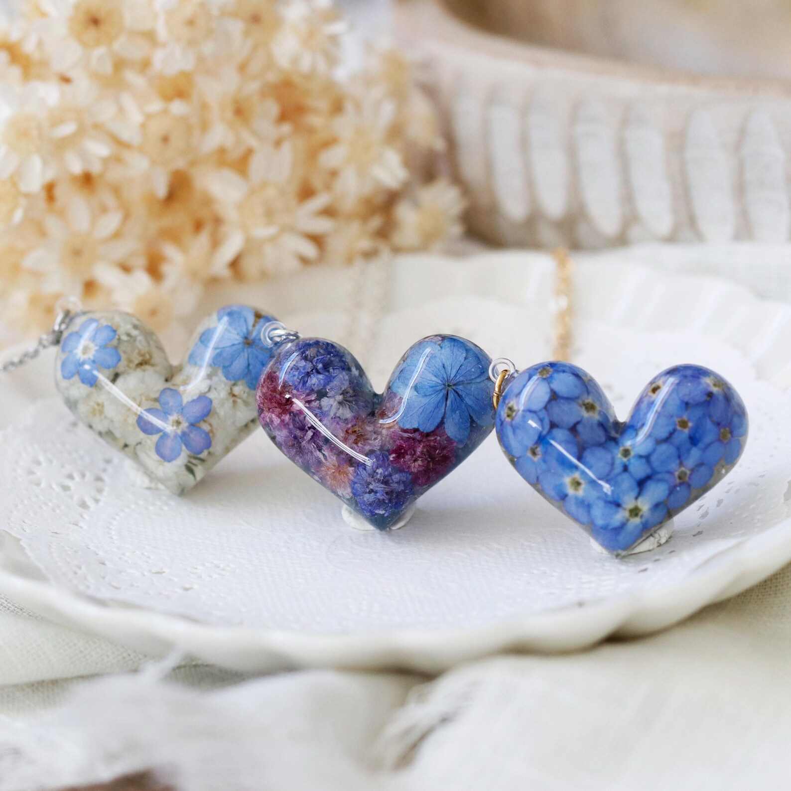 Forget Me Not Necklace, Heart Necklace, Pressed Flowers Necklace, Resin ...