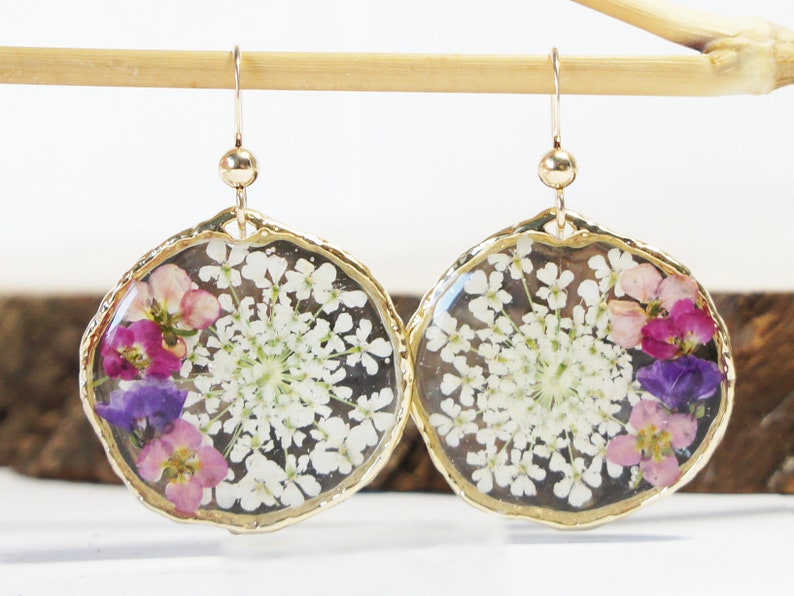 Pressed flowers earrings Queen Anne Lace earrings GOLD | Etsy
