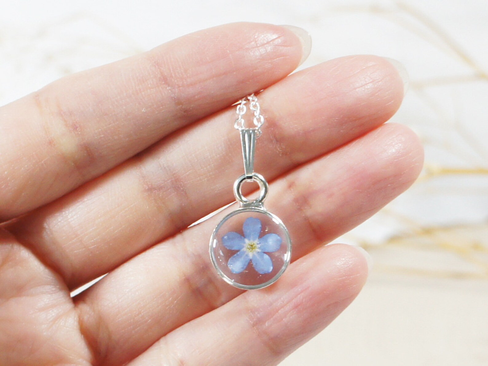 Tiny Forget me not necklace Forget me not Jewelry Pressed | Etsy