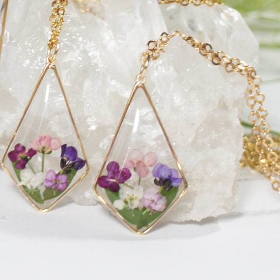 Tiny Pressed Flower Rhombus Necklace Gift for Her Alyssum - Etsy